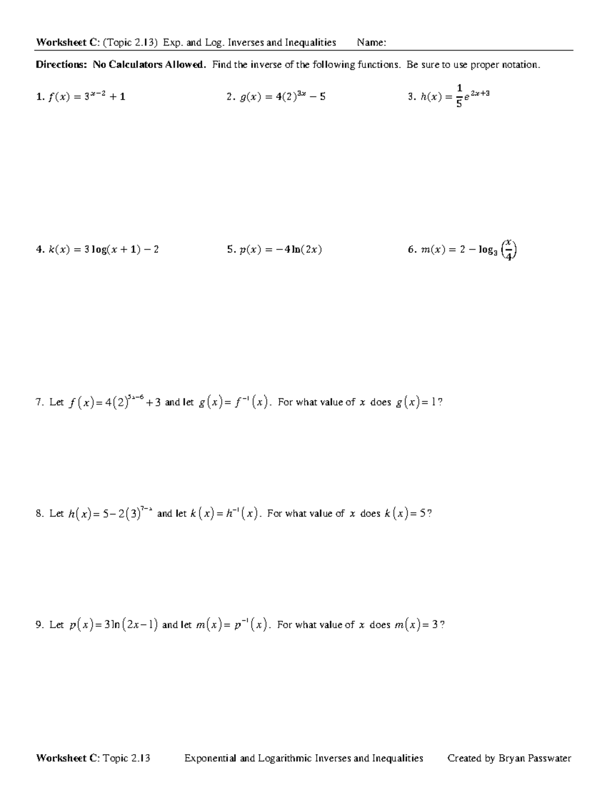Worksheet C - Topic 2: Exp. and Log. Inverses & Inequalities - Studocu