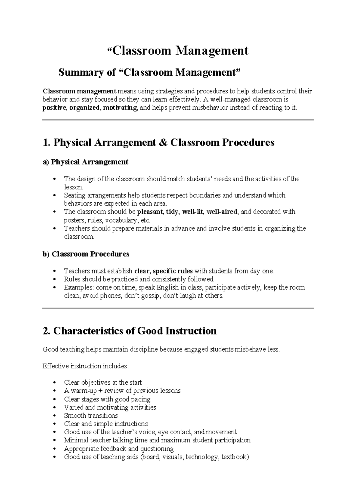 Classroom Management Strategies: A Comprehensive Summary - Studocu