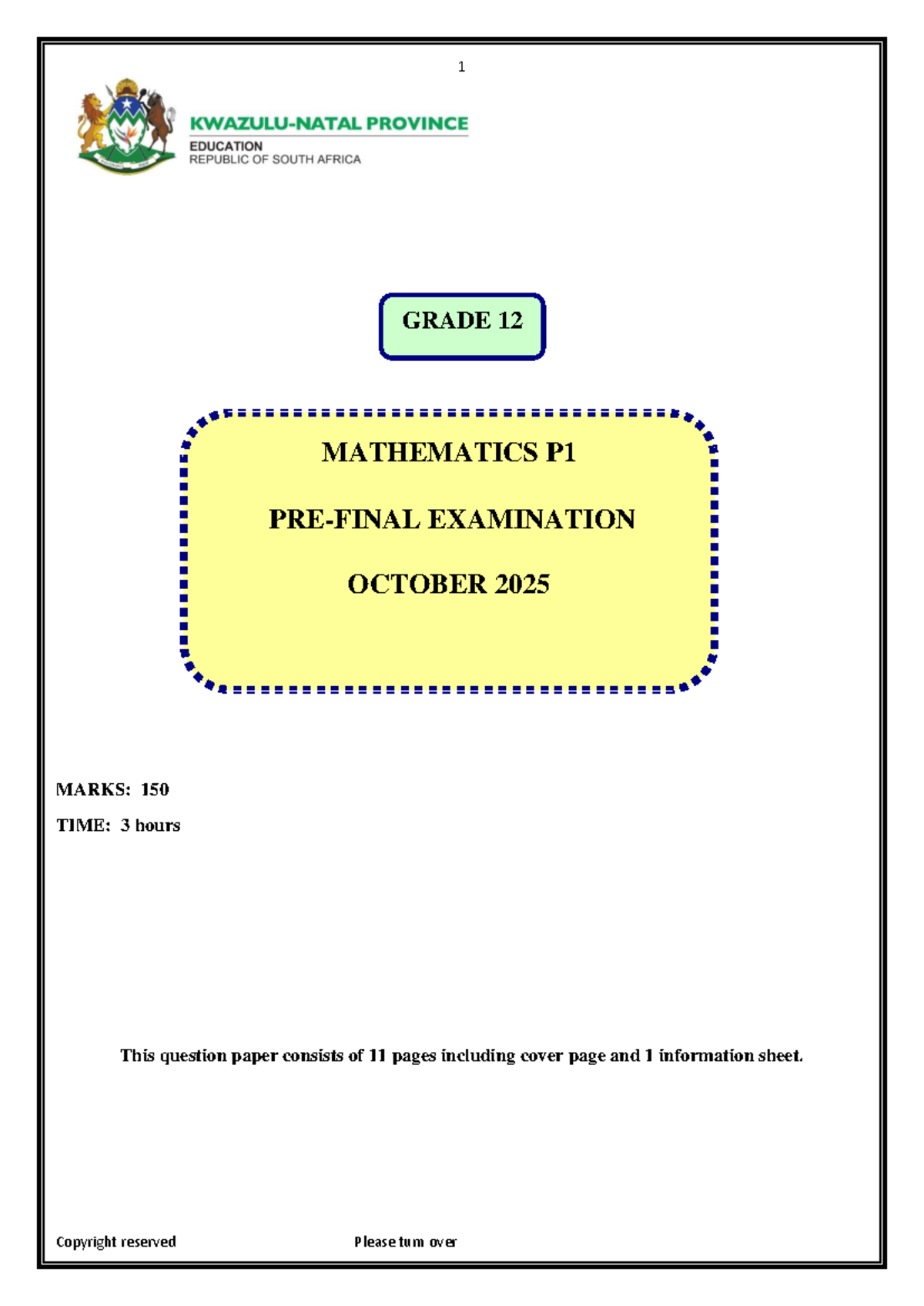 2025 GRADE 12 MATHEMATICS P1 PRE-FINAL EXAMINATION - Studocu