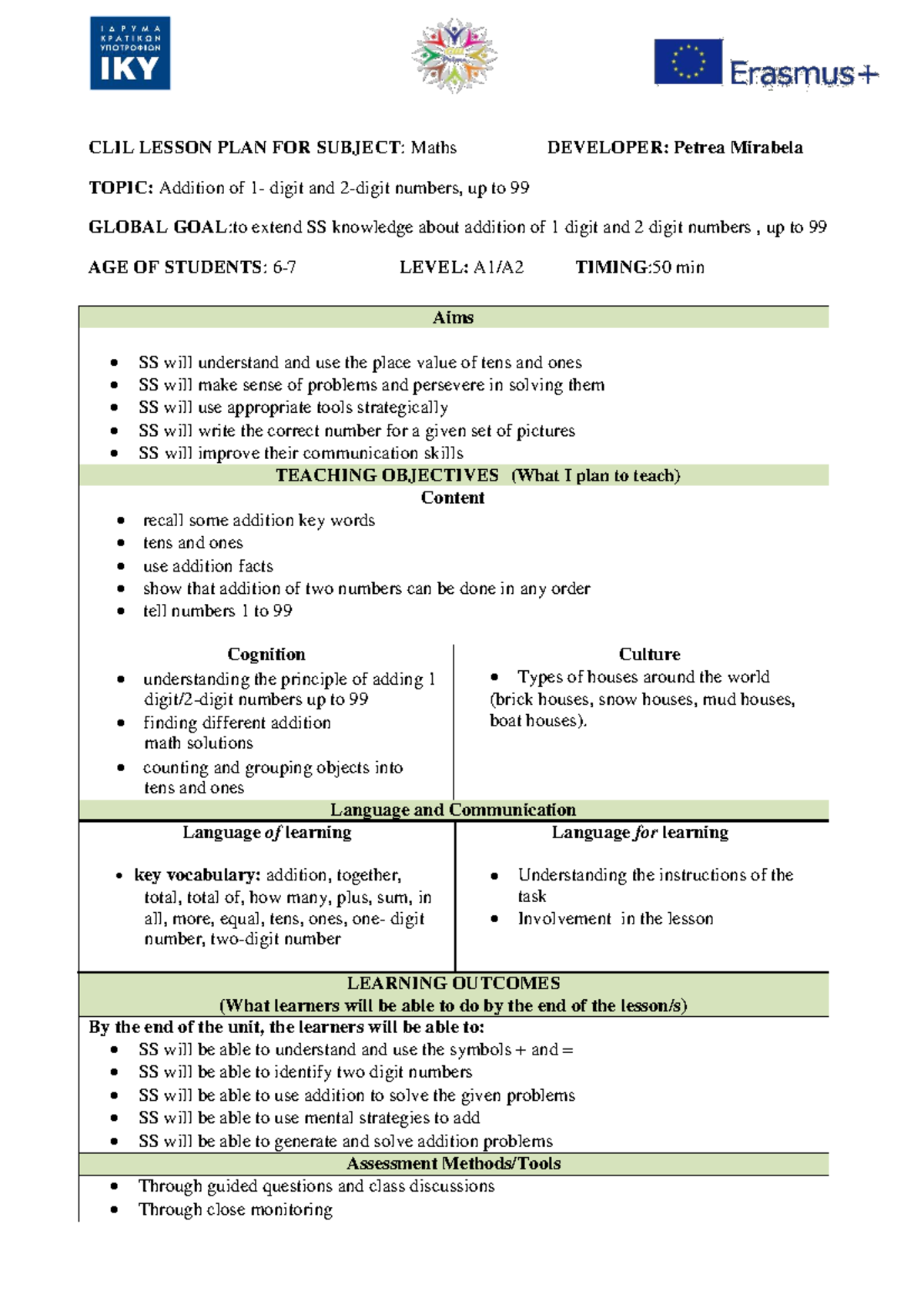Lesson Plan Addition - CLIL LESSON PLAN FOR SUBJECT : Maths DEVELOPER ...