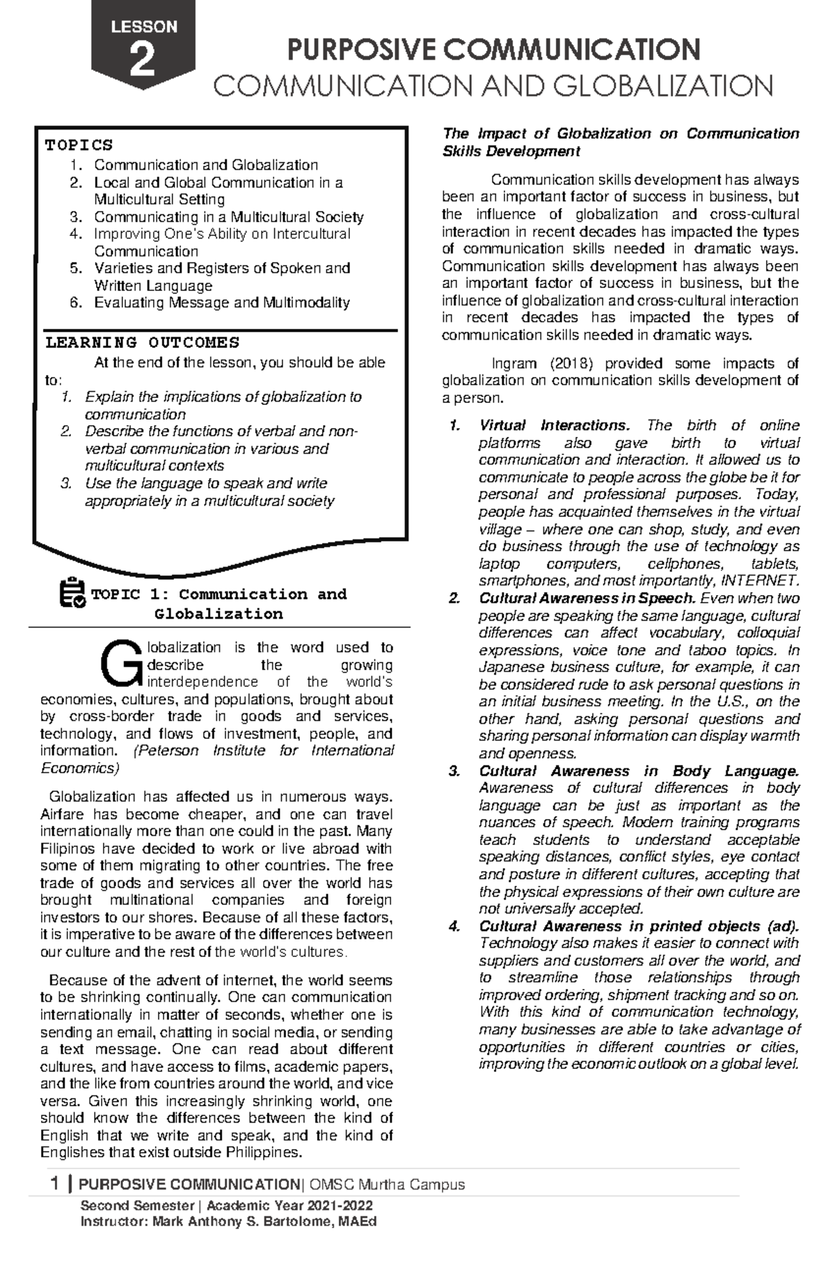 Lesson 2: Communication and Globalization in Purposive Comm. (OMSC ...