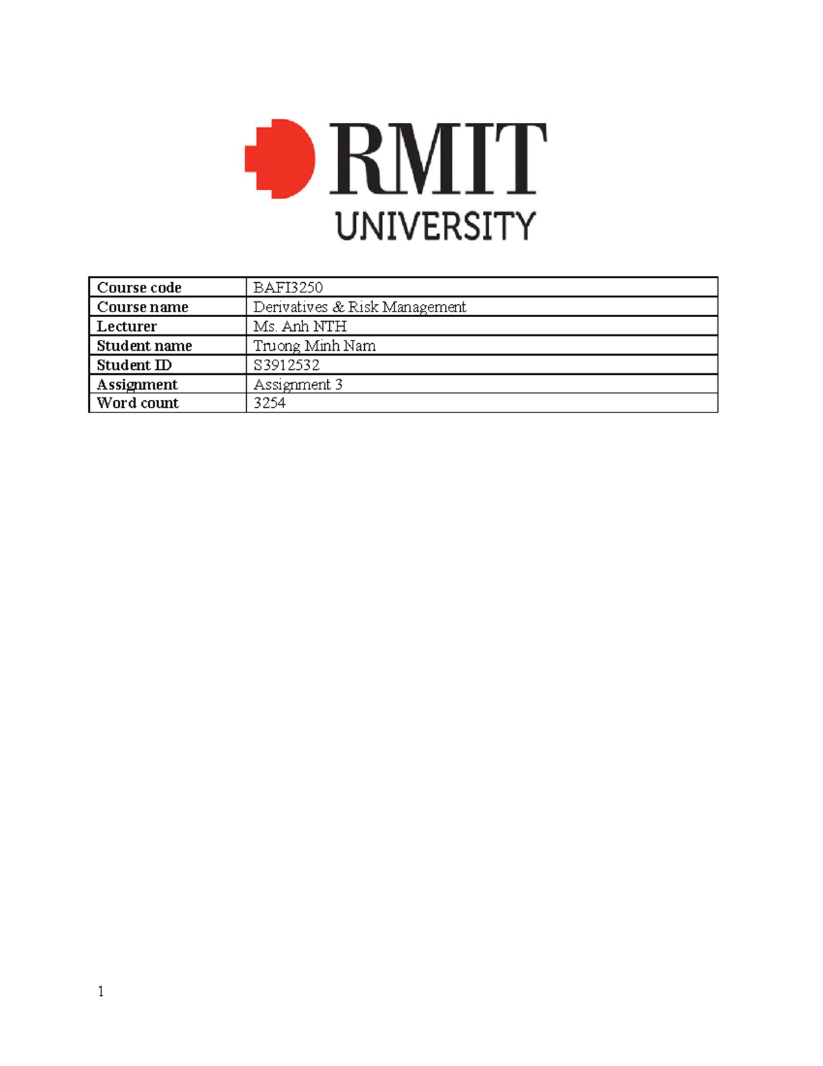 BAFI3250 Assignment 3: Analysis of Derivatives & Risk Management ...