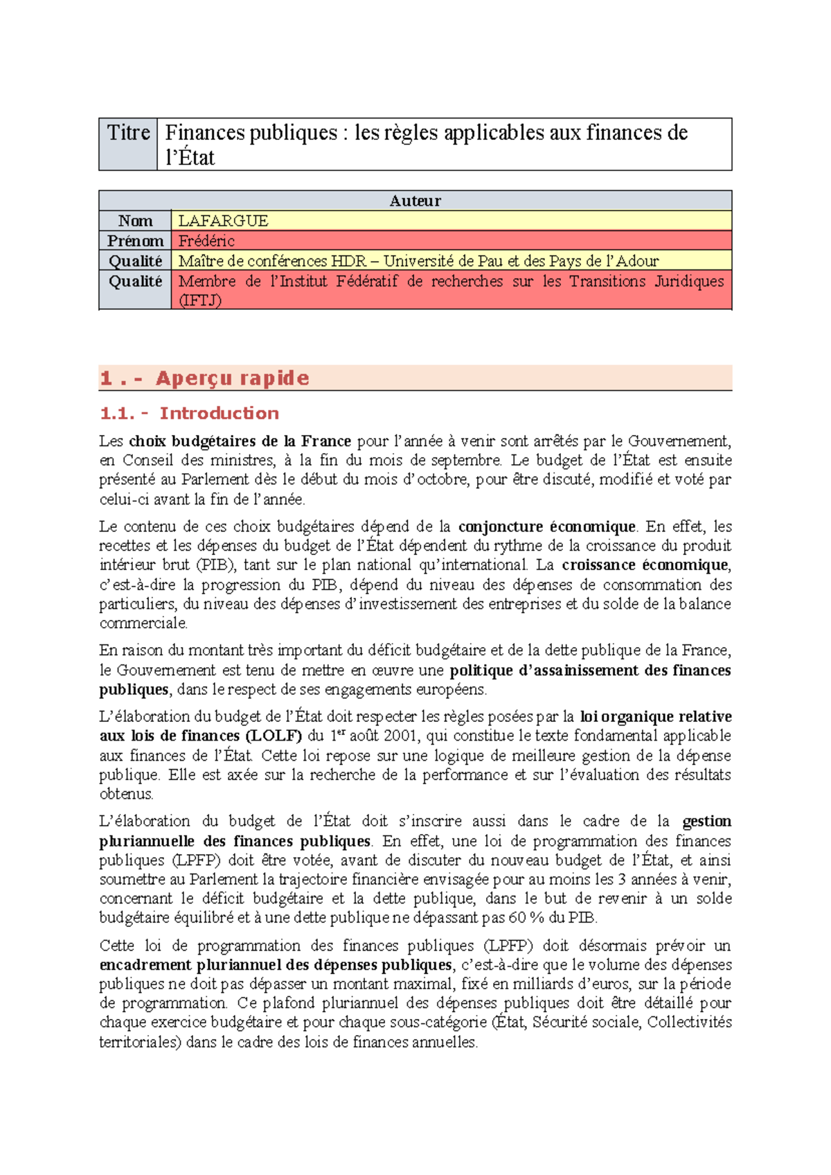 Fiche de synthèse : Cours de Finances Publiques (FP) - Studocu