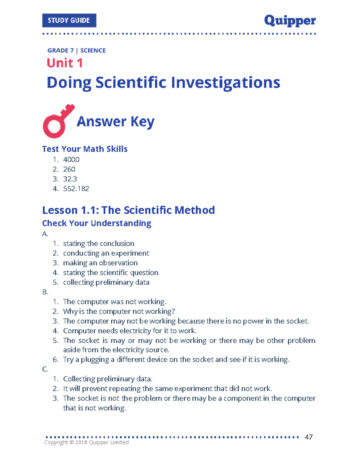 Science 7 Unit 1 Scientific Investigations Lesson Key (Answer Key ...