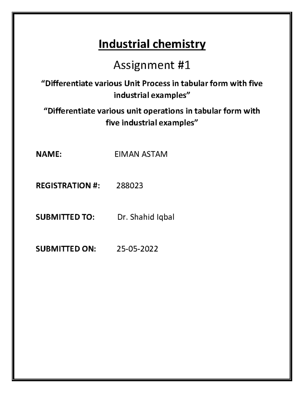 Industrial Chemistry Assignment: Unit Processes & Operations Comparison ...