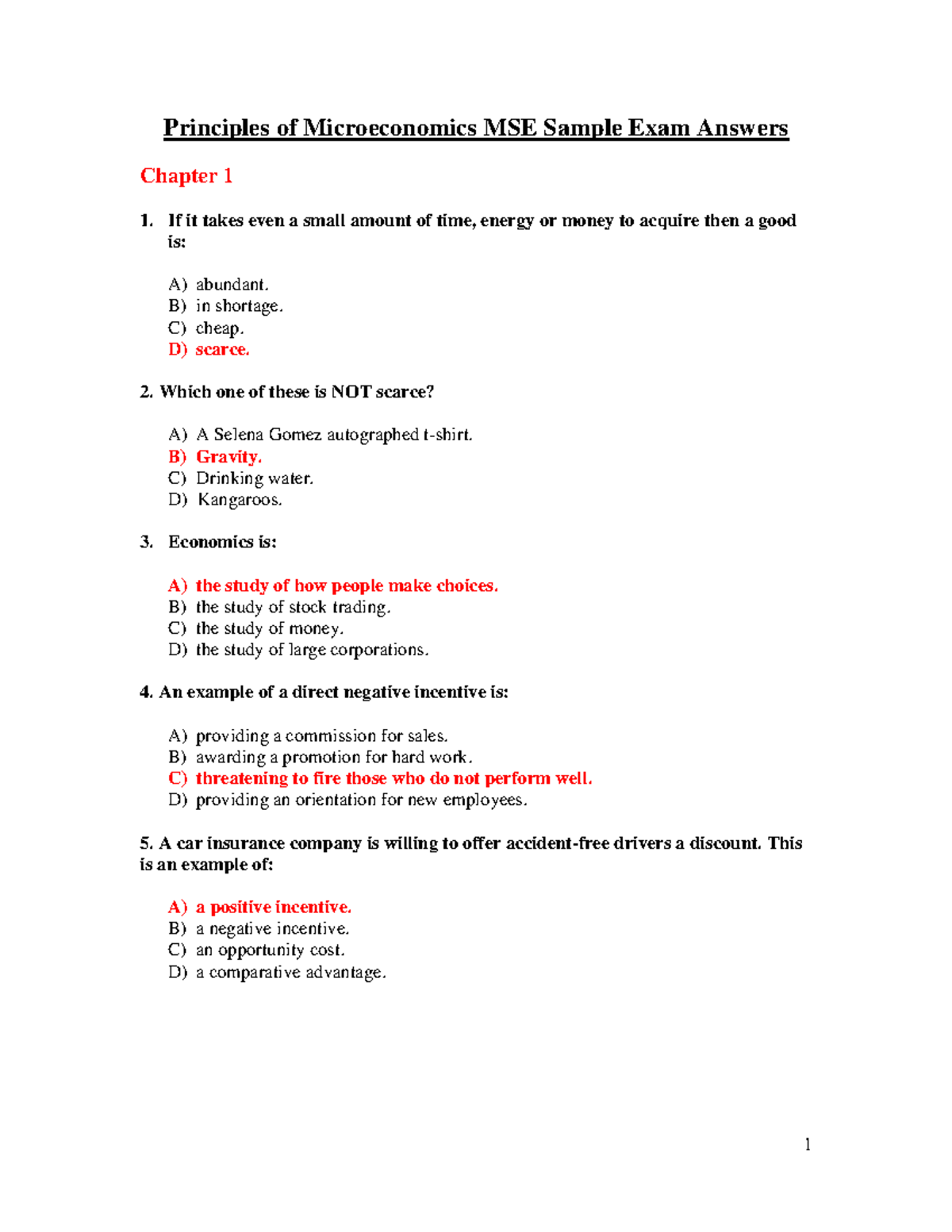 MSE Sample Exam Answers: Principles of Microeconomics Chapters 1-5 ...