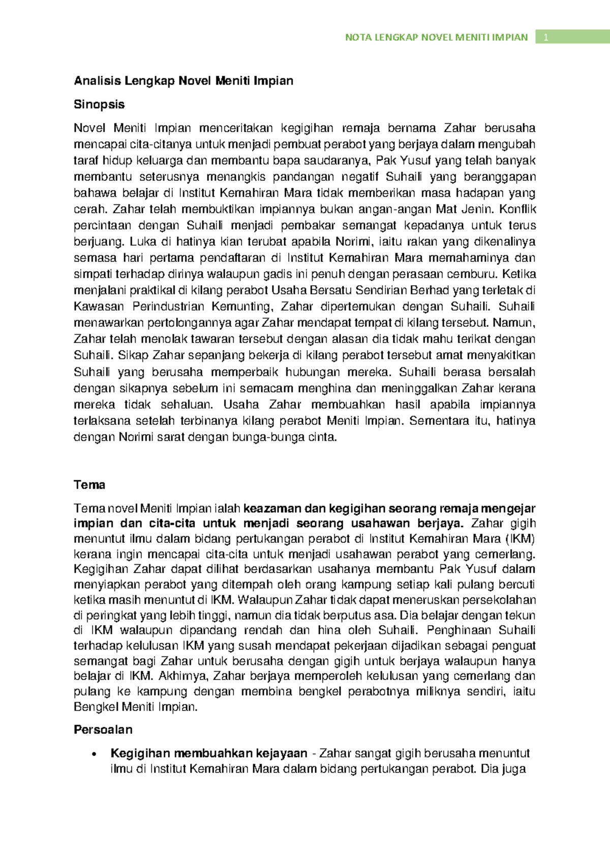 Nota Lengkap Analisis Novel Meniti Impian: Tema, Watak, dan Pengajaran ...