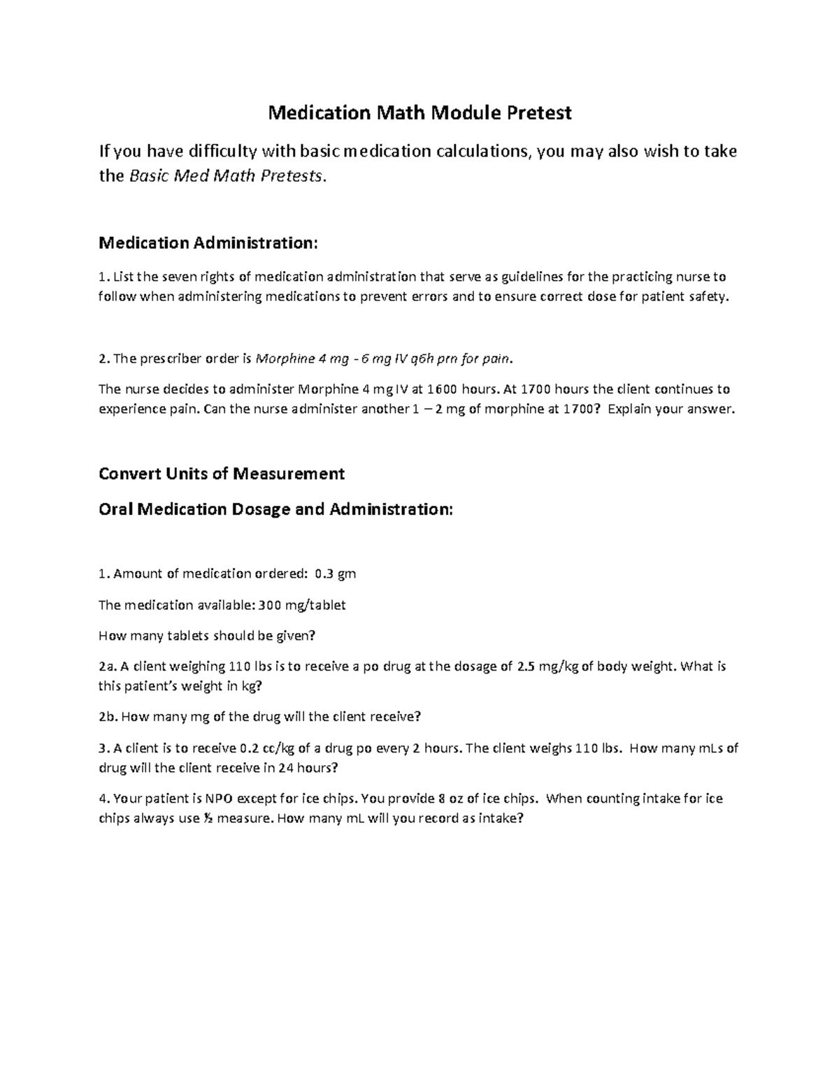 Final Exam Med Math Practice Questions - Pretest Review - Studocu