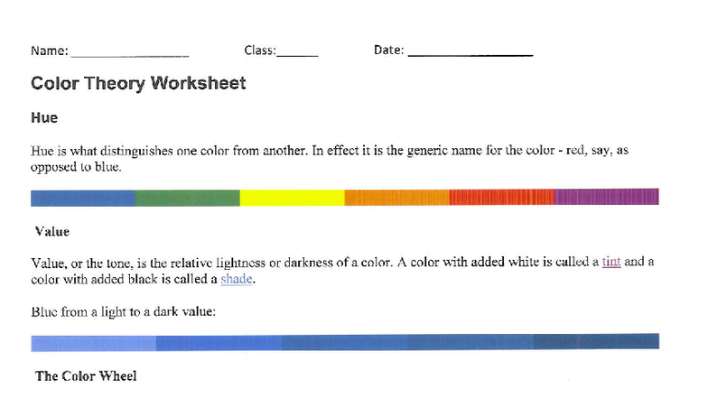 Color Theory Worksheet: Understanding Hues, Values & Combinations - Studocu