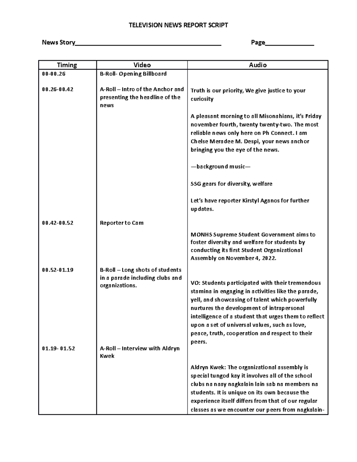 Tv Journ Script - Example - TELEVISION NEWS REPORT SCRIPT News - Studocu