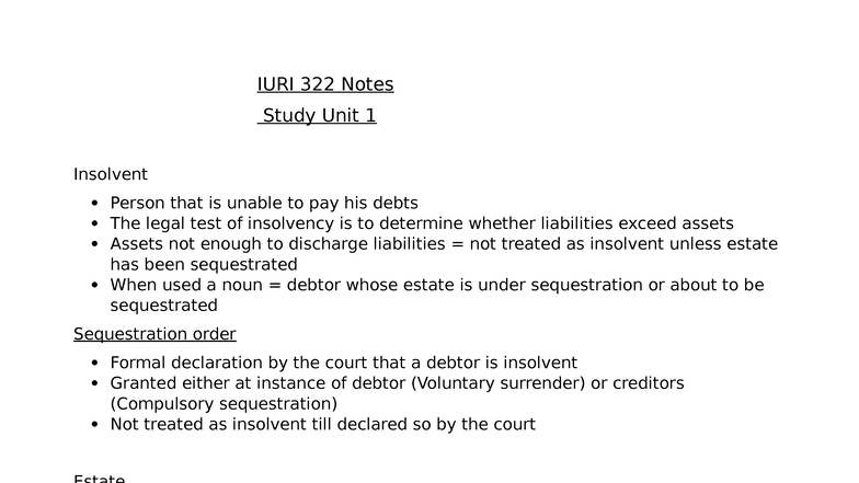 IURI 322 Study Notes: Understanding Insolvency and Sequestration - Studocu