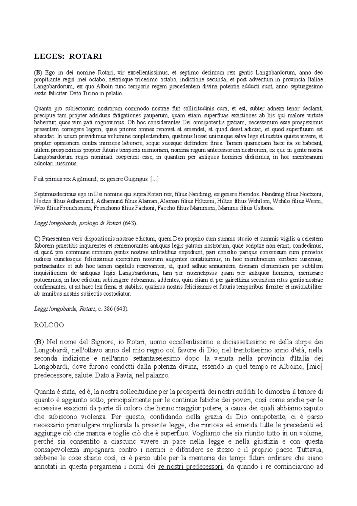 Le Leggi dei Longobardi: Rotari e Liutprando (Final Exam Notes) - Studocu