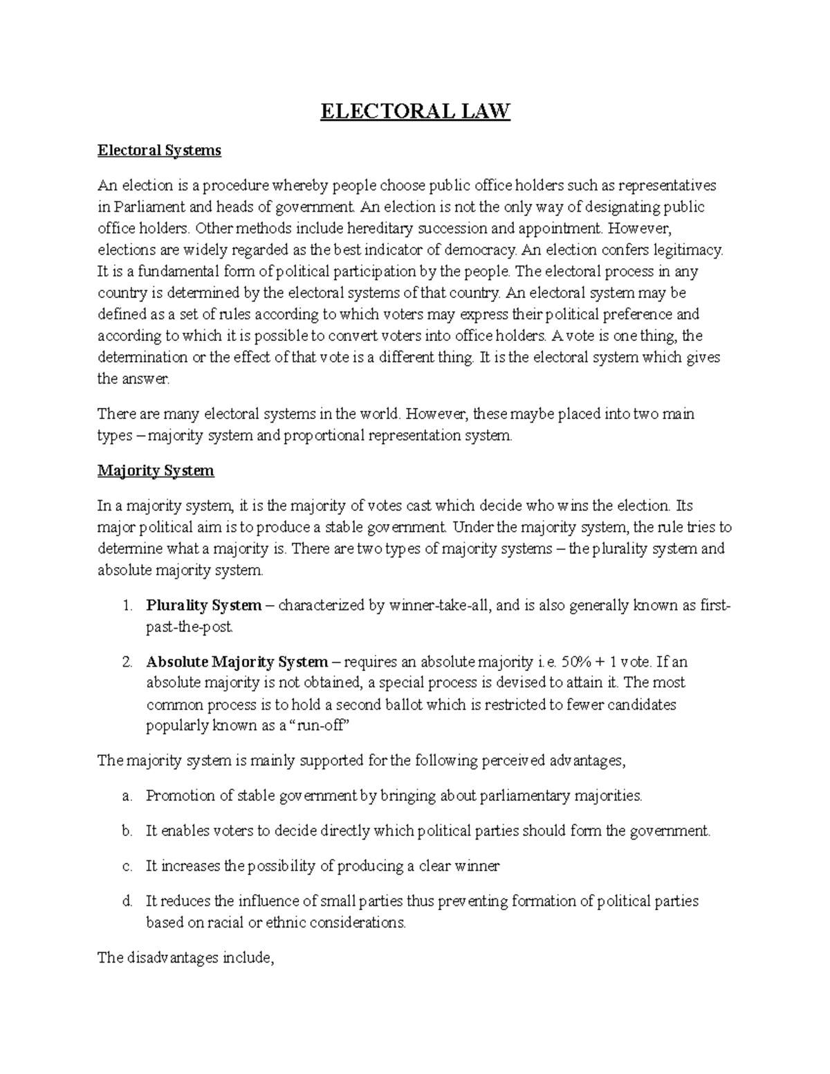 Electoral Law Overview: Major Systems & Representation Mechanisms - Studocu