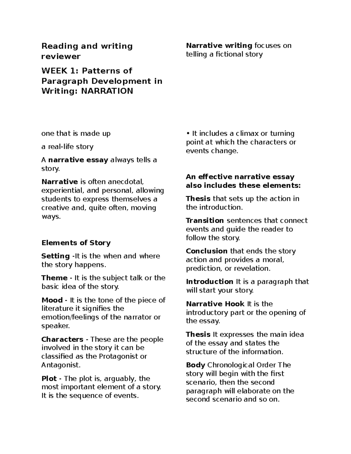 ENG 101: Narrative Writing & Paragraph Development Review - Studocu