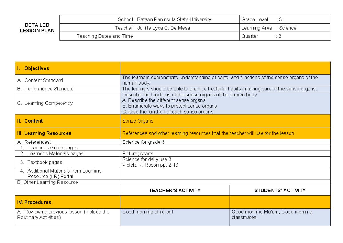 DLP1: Detailed Lesson Plan on Human Sense Organs for Grade 3 - Studocu