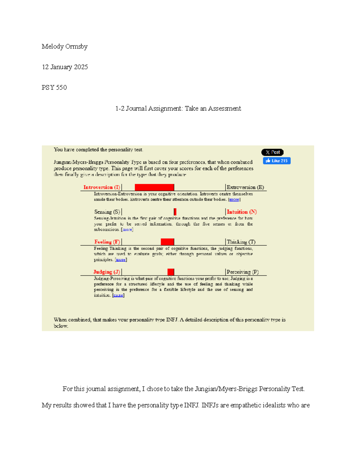 PSY 550: 1-2 Journal Assignment on Jungian/Myers-Briggs Test Results ...