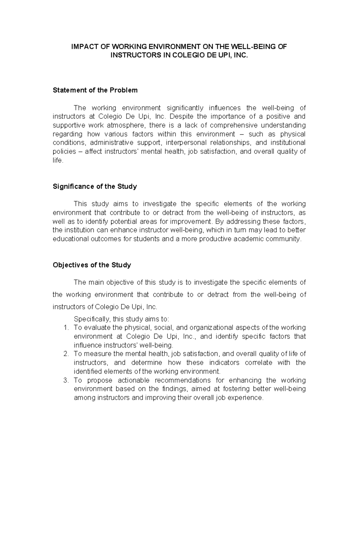 Impact of Working Environment on Instructors' Well-Being at Colegio De ...