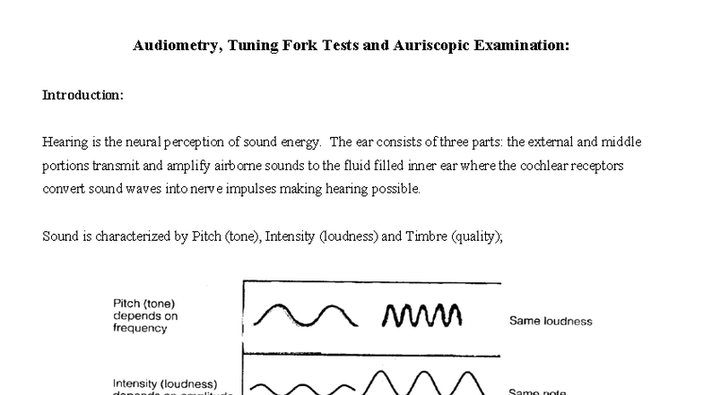 Hearing 2526: Audiometry, Tuning Fork Tests & Auriscopic Exam - Studocu