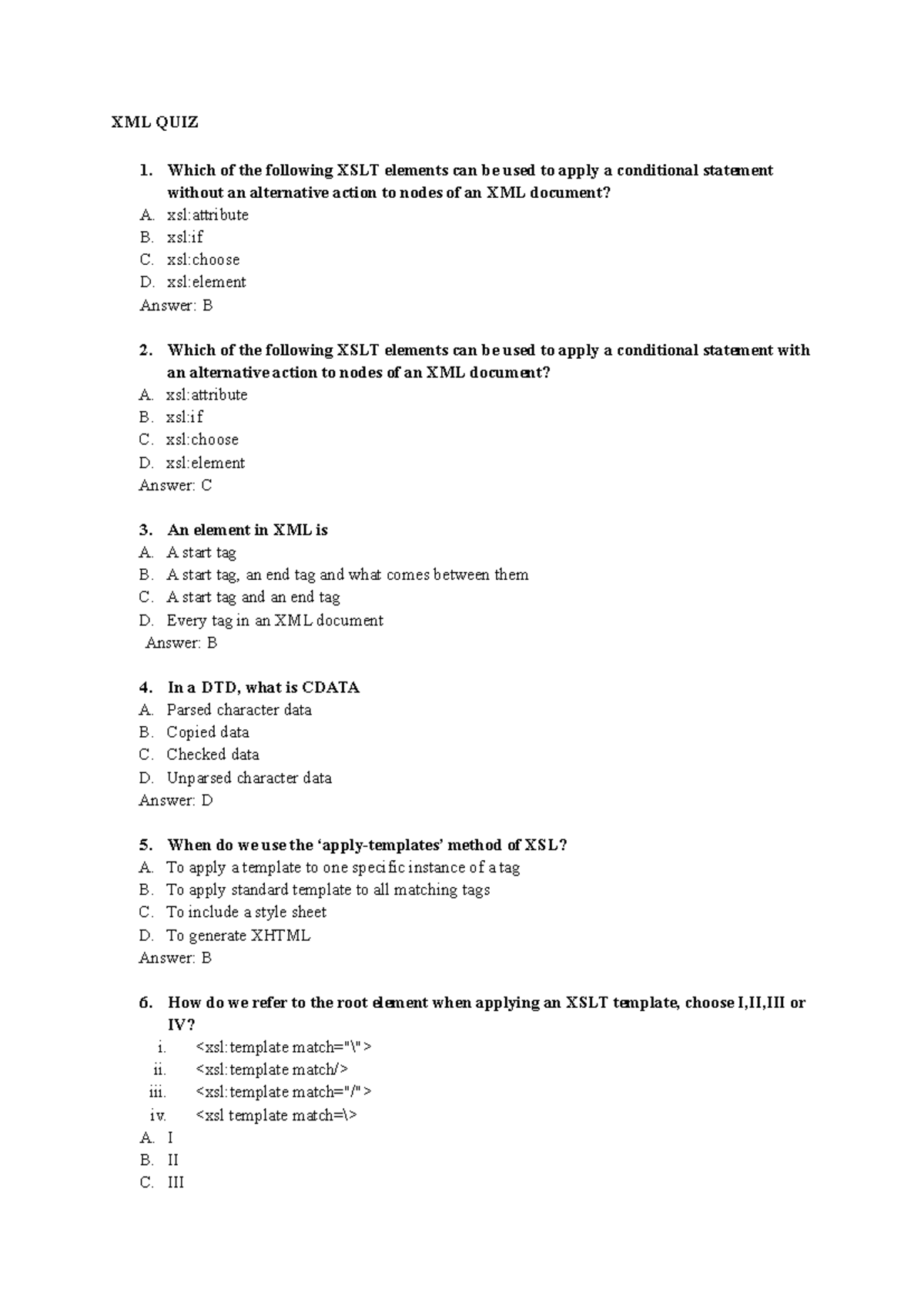 XML QUIZ 1: Key Concepts and Conditional Statements - Studocu