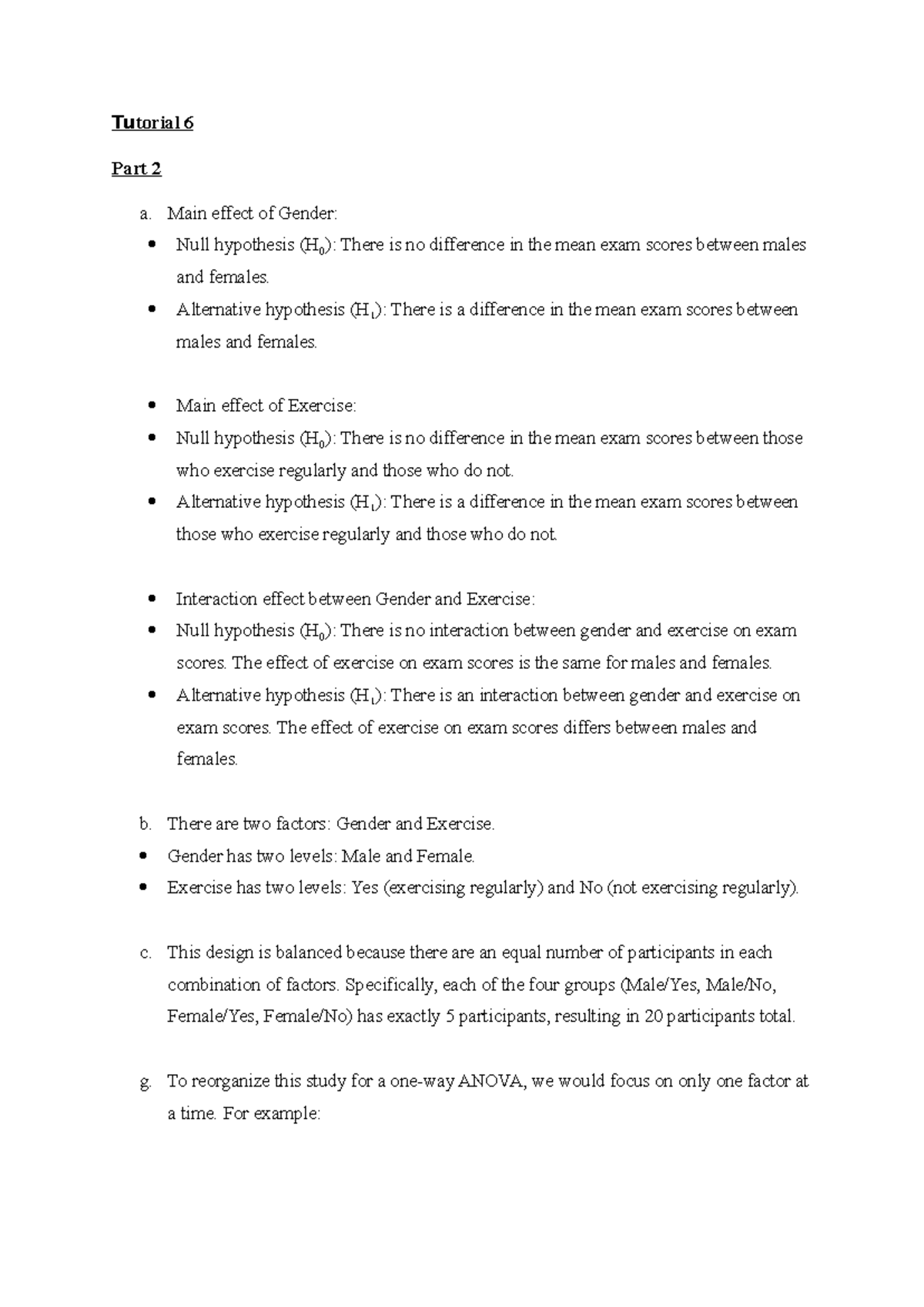 Tutorial 6: ANOVA Analysis of Gender and Exercise Effects - Studocu