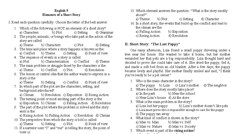 English 9: Elements of a Short Story Quiz and Notes - Studocu