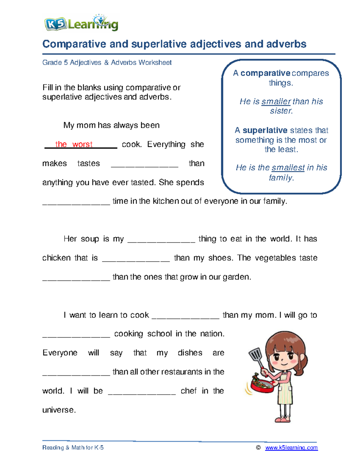 Grade 5 Adjectives & Adverbs Worksheet: Comparatives & Superlatives ...