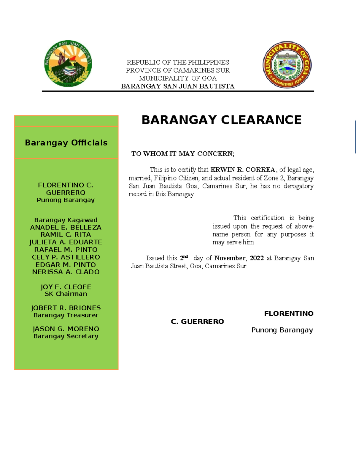 Residency Certificate Sample Format - Neny Caballero - Studocu