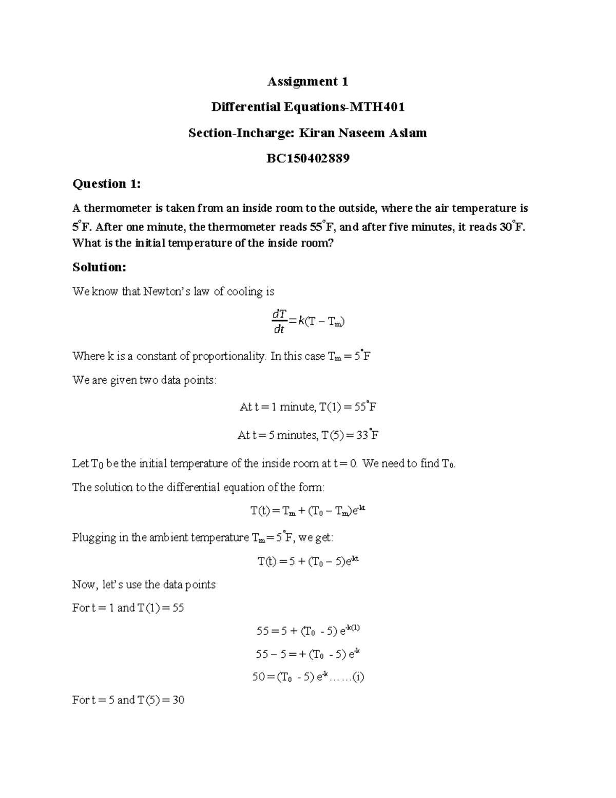 Assignment 2 MTH401: Differential Equations Solutions and Analysis ...