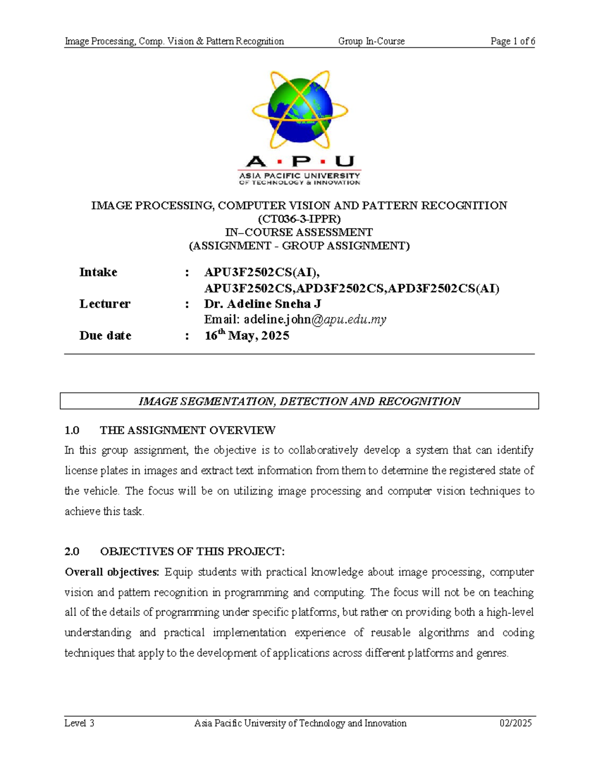APU3F2502CS(AI) Group Assignment: License Plate Recognition Project - Studocu
