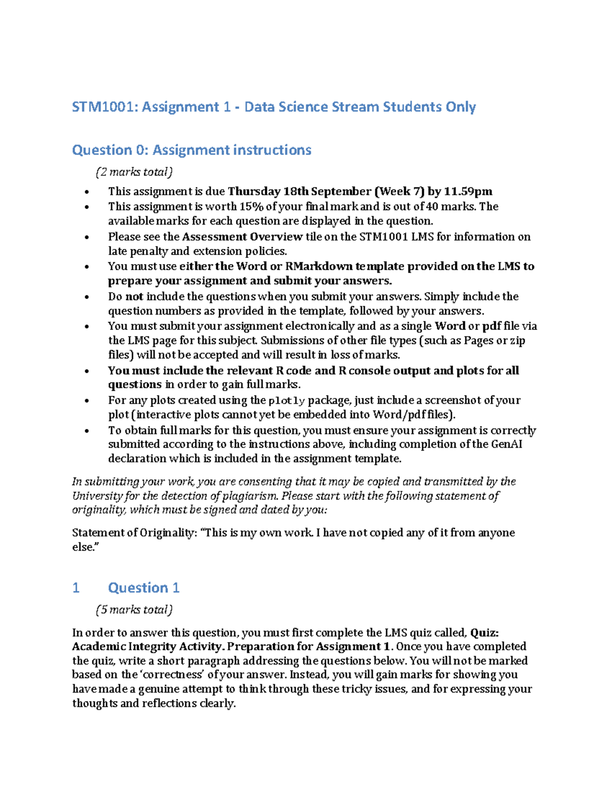 STM1001: Data Science Assignment 1 Instructions and Questions - Studocu