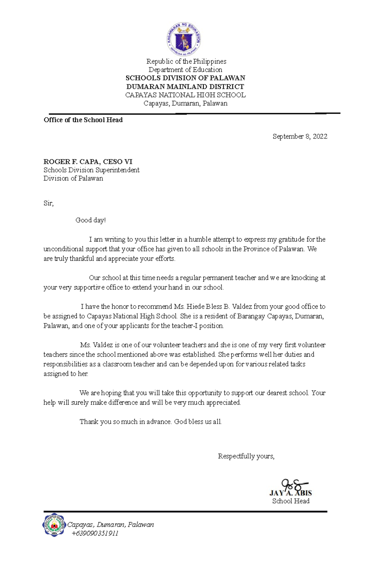 Request Letter for Teacher Assignment at Capayas National High School ...