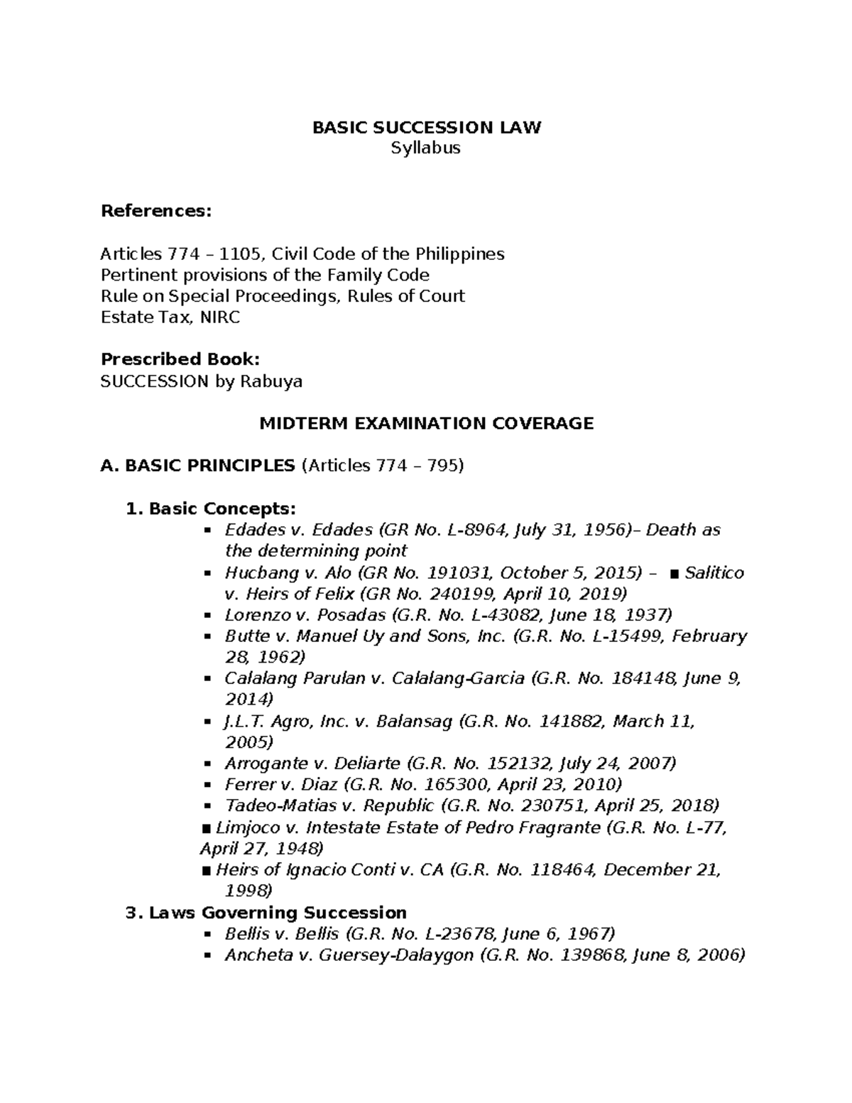 BASIC SUCCESSION LAW (2025) MIDTERM EXAMINATION SYLLABUS - Studocu