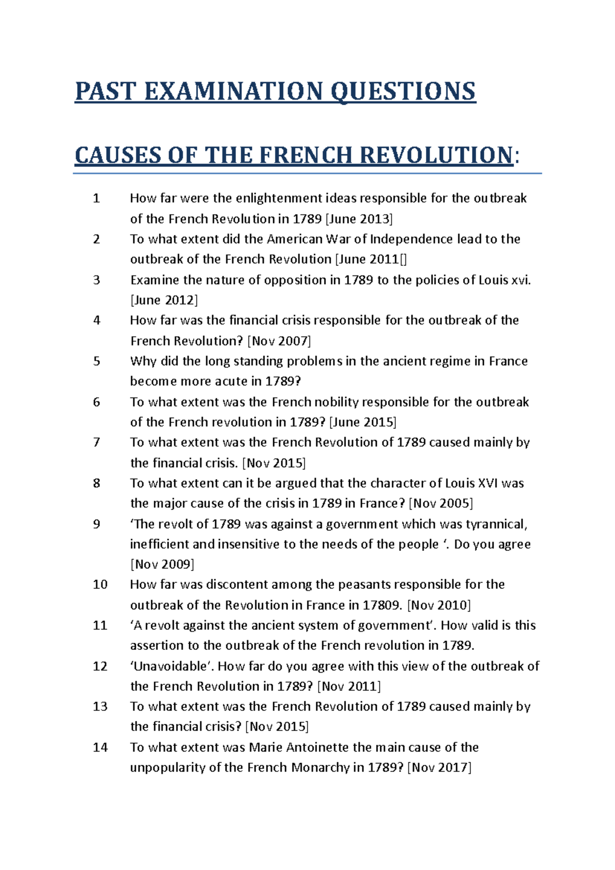 European History Past Exam Questions 2020: Causes of the French ...
