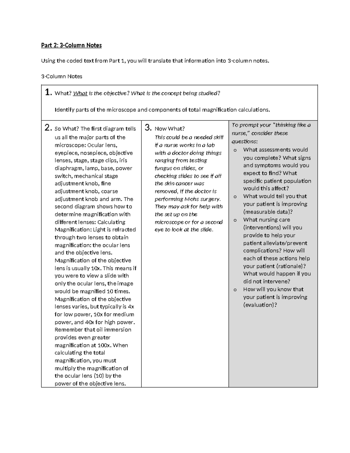 3-Column Notes on Microscope Parts and Magnification for Nursing - Studocu