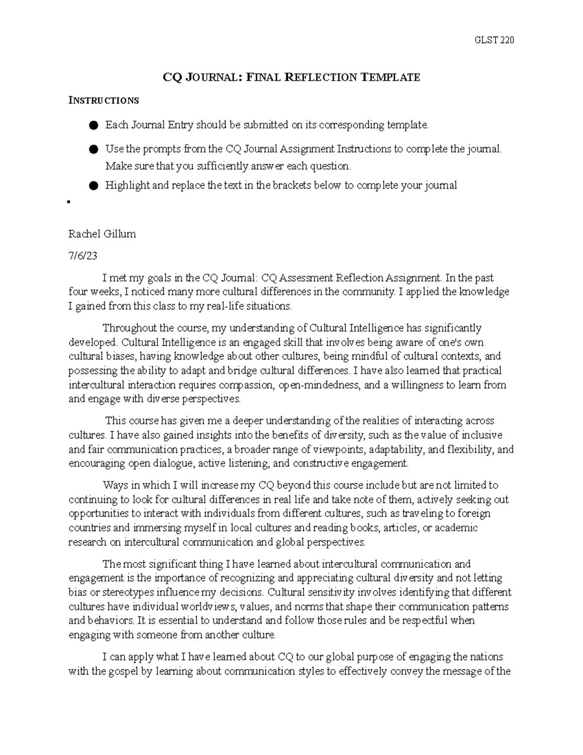 GLST 220 CQ Journal Final Reflection Assignment Template - Studocu