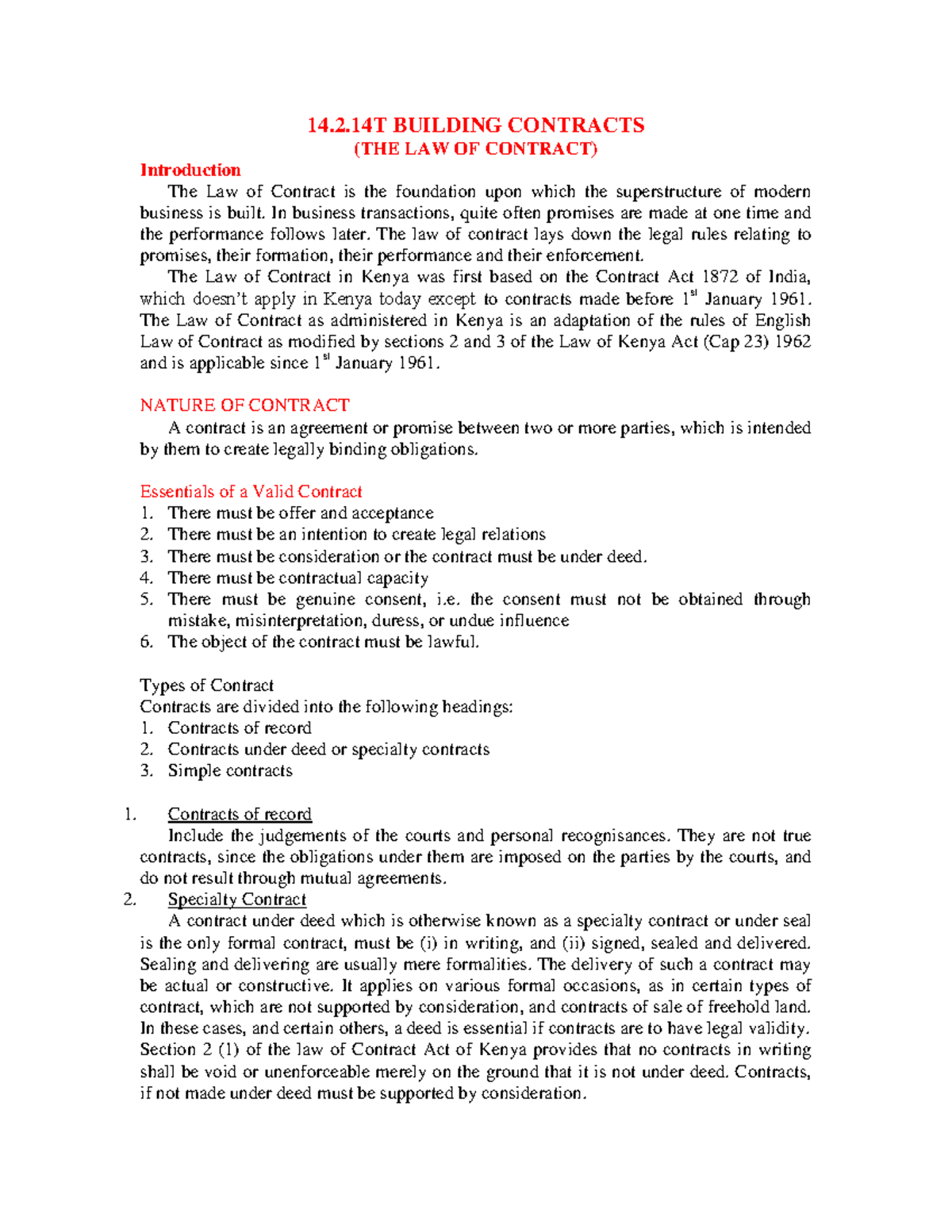 Building Contracts (The Law of Contract) - Study Notes - Studocu