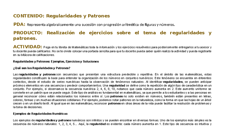 Ejercicios sobre Regularidades y Patrones en Matemáticas - PDA - Studocu