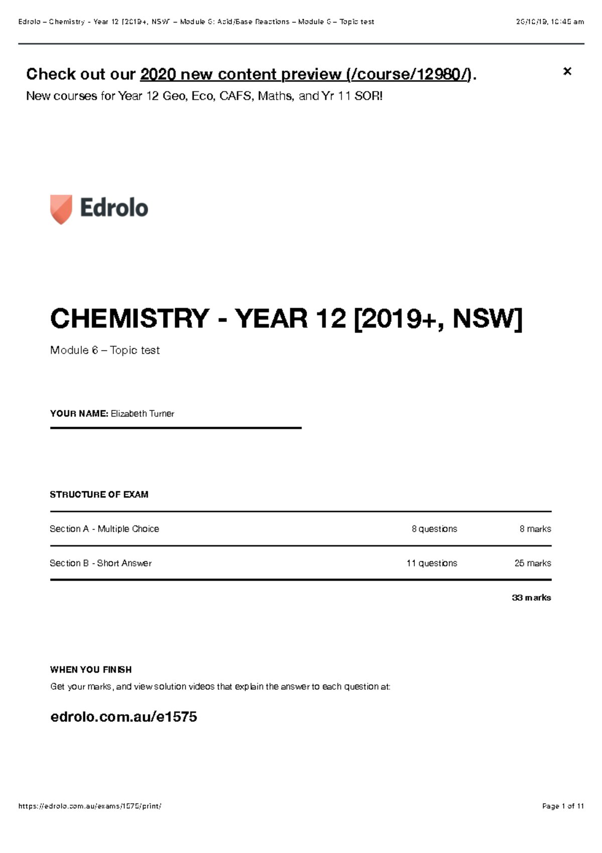 Edrolo – Chemistry - Year 12 [2019 +, NSW] – Module 6 Acid Base ...