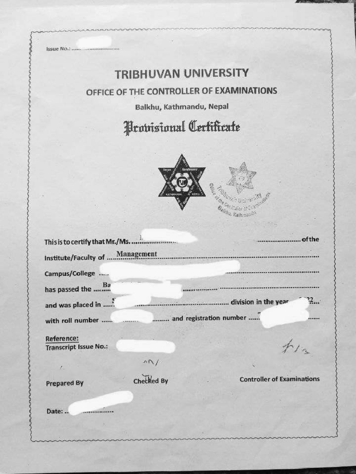Provisional Certificate for Management BA - TRIBHUVAN UNIVERSITY - Studocu