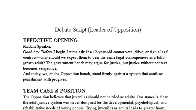 Debate Script: Opposition to Juveniles Tried as Adults (LO) - Studocu