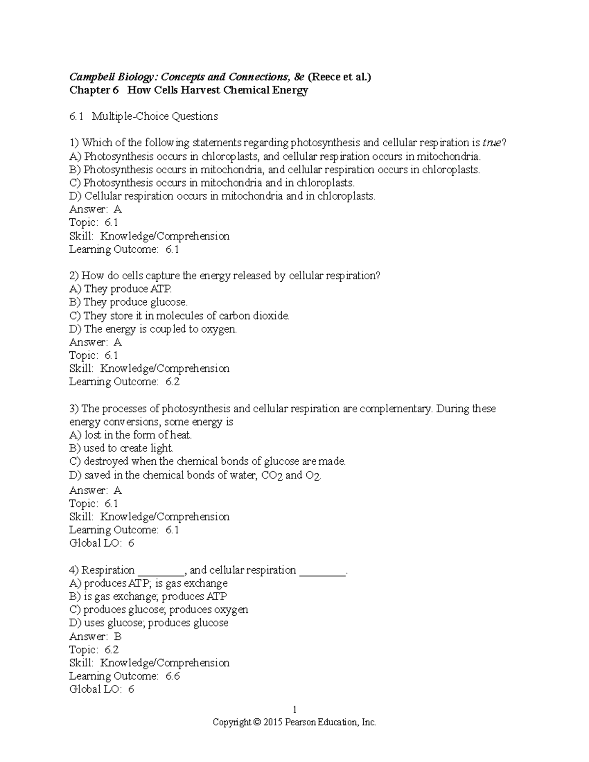 Chapter 6 Quiz on Cellular Respiration and Photosynthesis Concepts ...