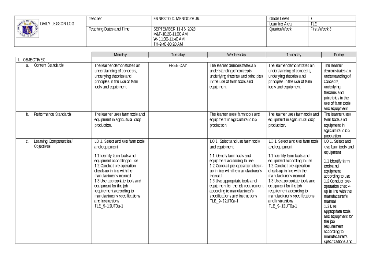 DLL Q1 TLE 7 WEEK 3 - Lesson Plan on Farm Tools and Equipment - Studocu