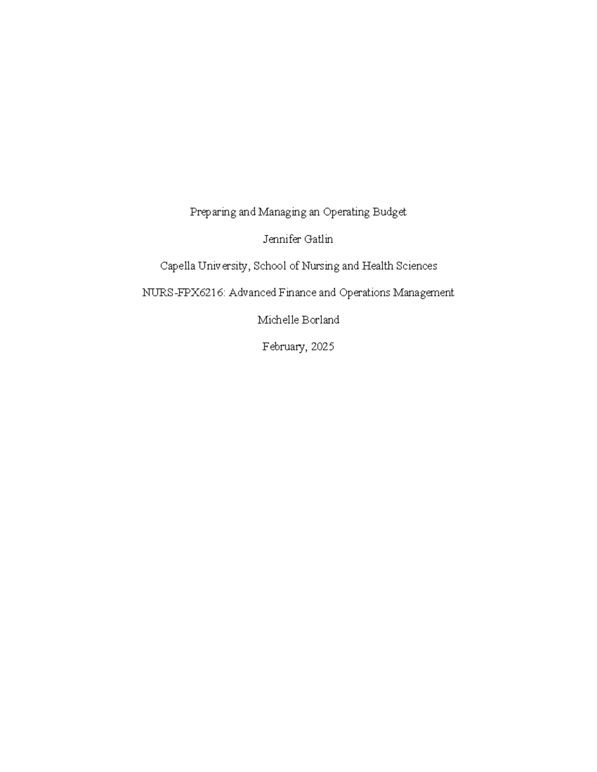 NHS-FPX6216 Operating Budget Proposal for Elderly Care Unit - Studocu