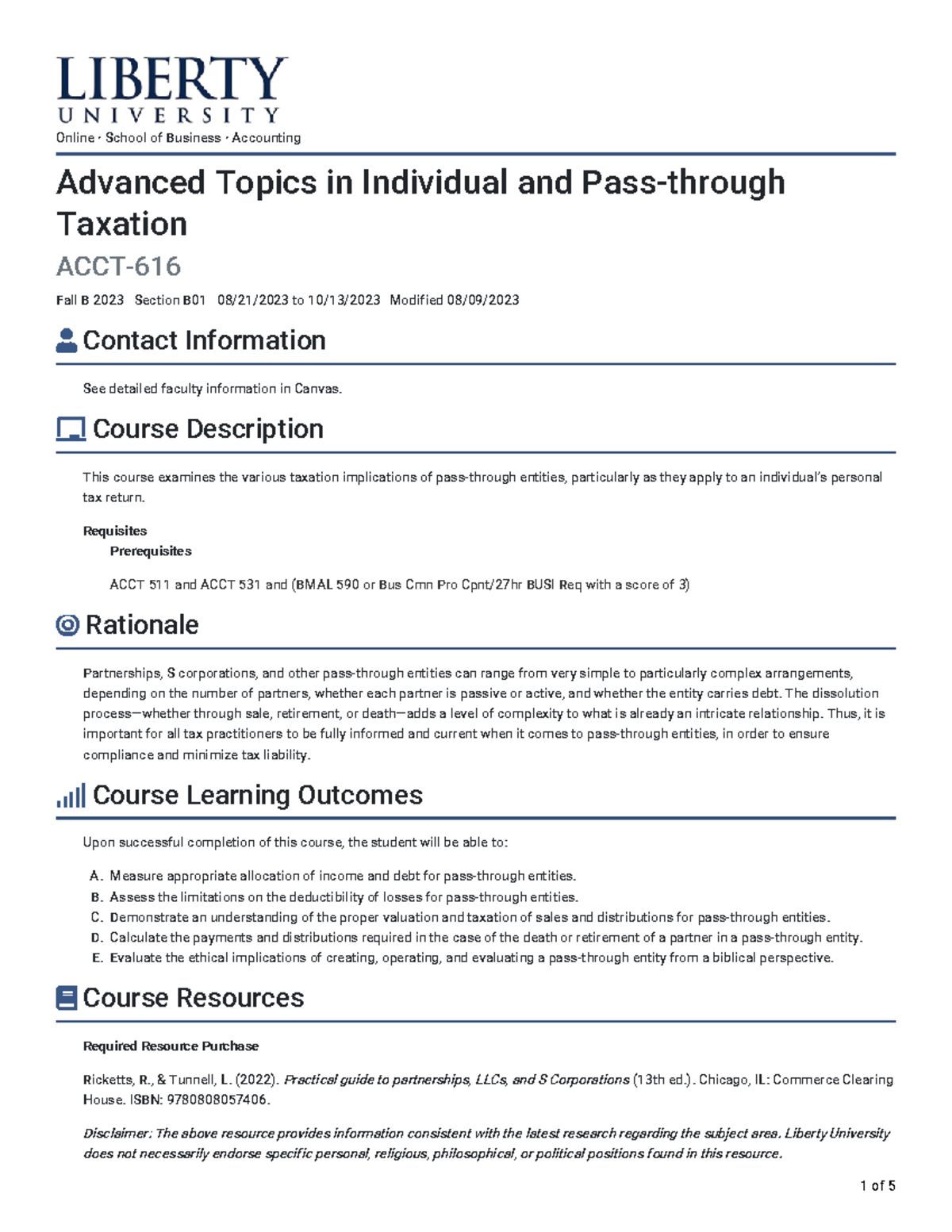 Advanced Topics in Individual and Pass through Taxation ACCT 616 Fall B ...