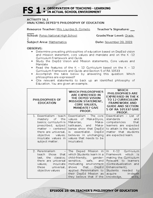 FS1 Episode 15 - ACTIVITY 15. A DAY IN THE SCHOOL OF LIFE OF A QUALITY ...