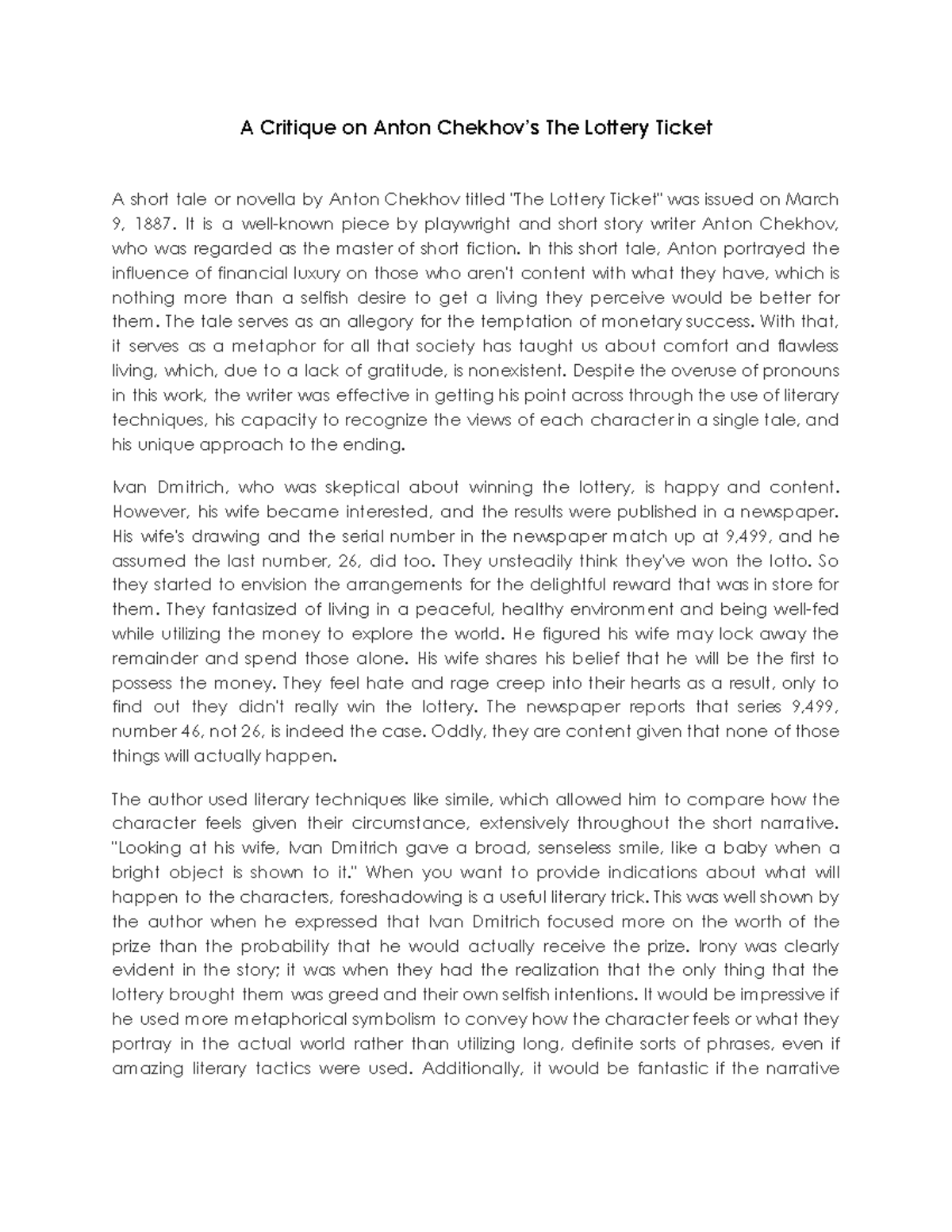 Critique Paper Lottery Ticket - A Critique on Anton Chekhov’s The ...