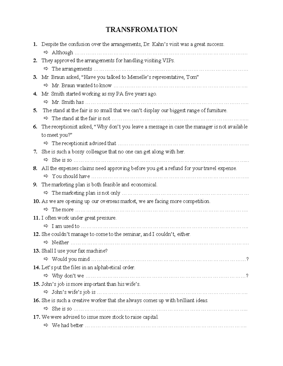 Transformation - Extra Exercises for Course Code: TRANS 1 - Studocu