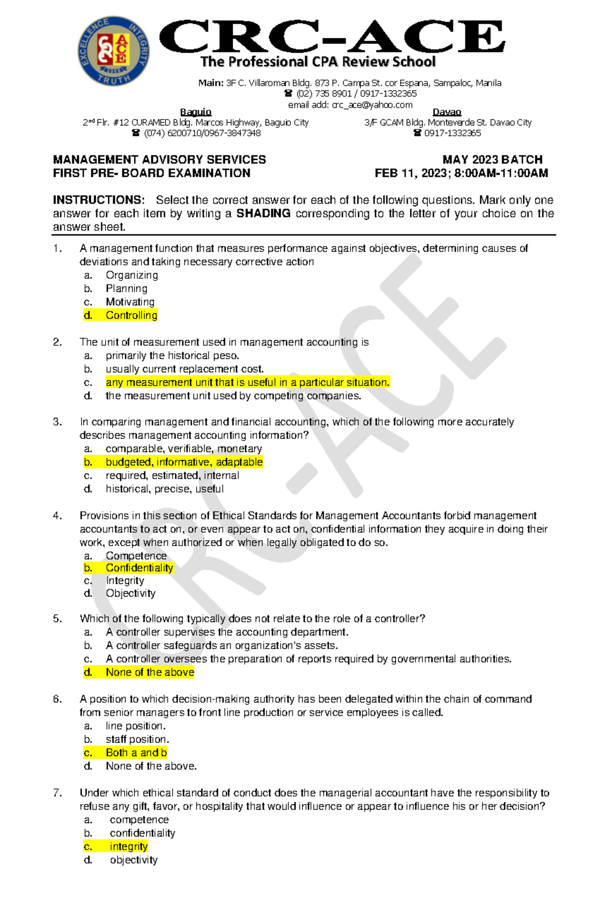 MAS 1ST PRE-BOARD EXAMINATION REVIEW (MAY 2023) - Studocu