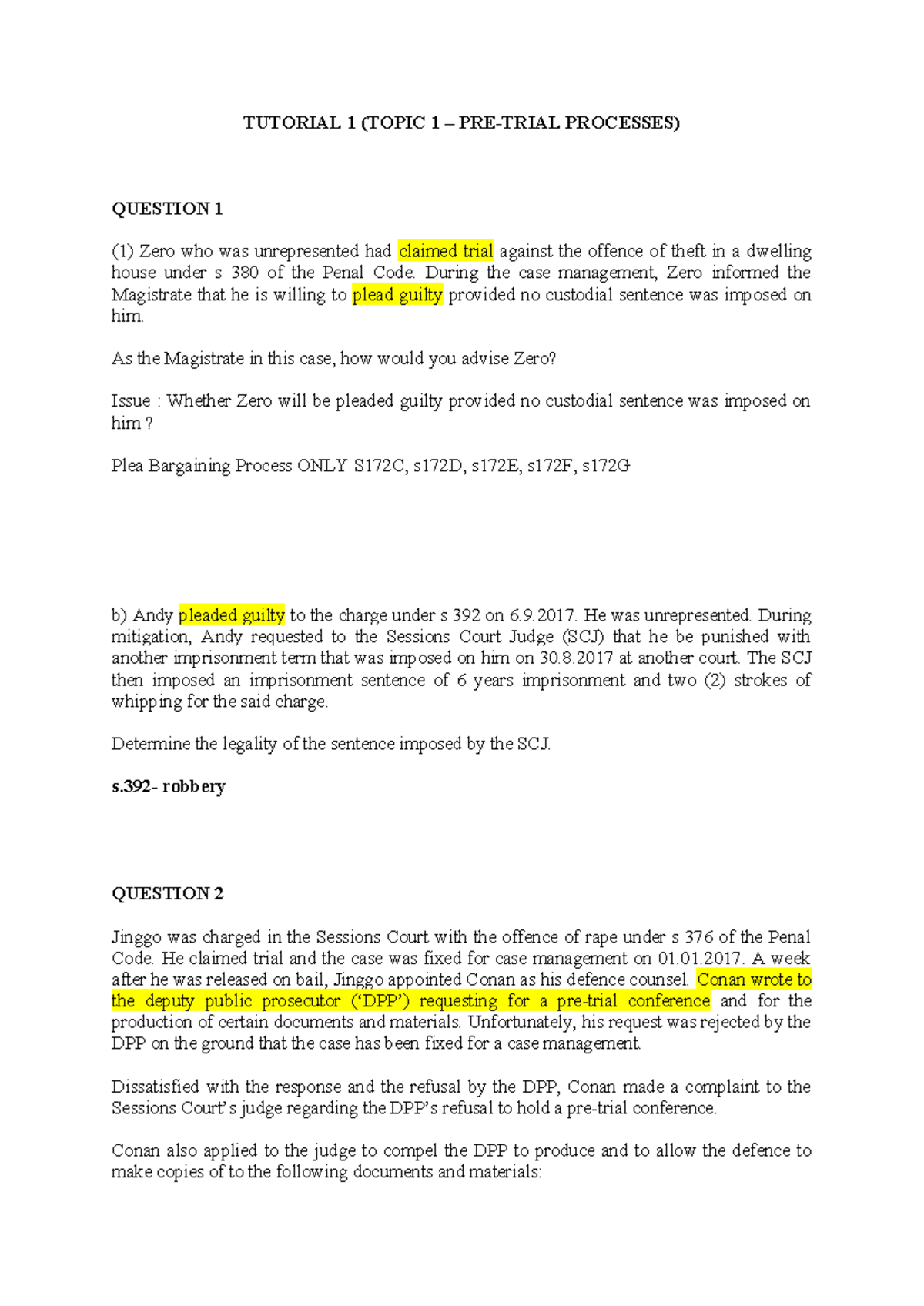 Tutorial 1 - Questions on Pre-Trial Processes and Legal Advice - Studocu