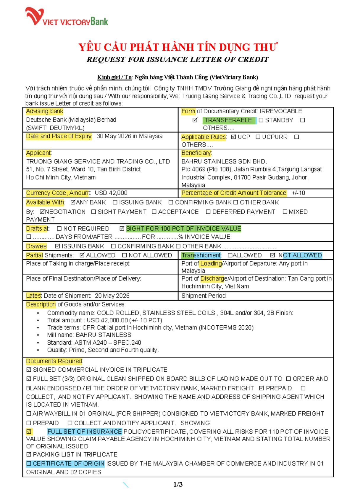 YÊU CẦU PHÁT HÀNH TÍN DỤNG THƯ - LC Application 7-4 - Studocu
